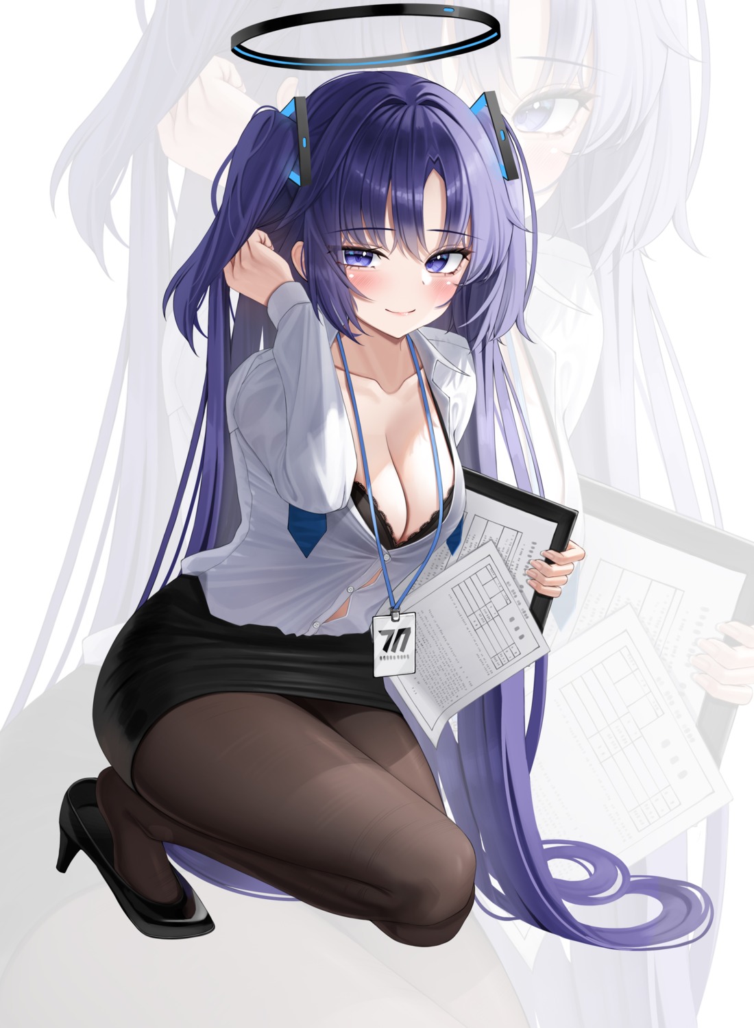 hsxxx blue archive hayase yuuka bra dress shirt halo heels open shirt pantyhose skirt lift ...